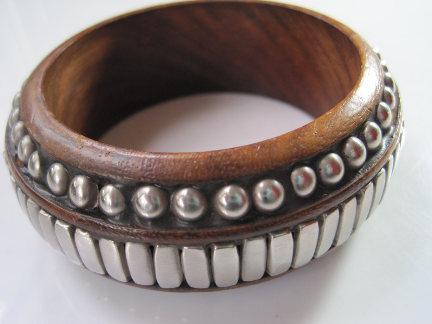Wood Bangle, Wooden Bracelet with Silver Metal Accents, Made in India ...