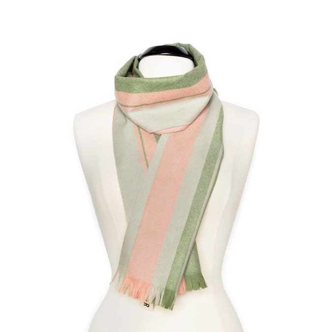 German Wool Pink & Green Stripe Scarf