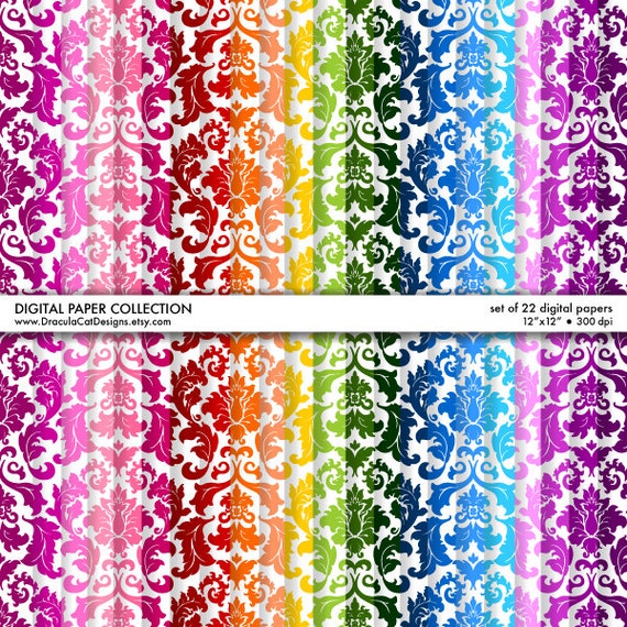 Digital Scrapbook Paper - Rainbow Damask Collection 1 (12"x12") Spring ...