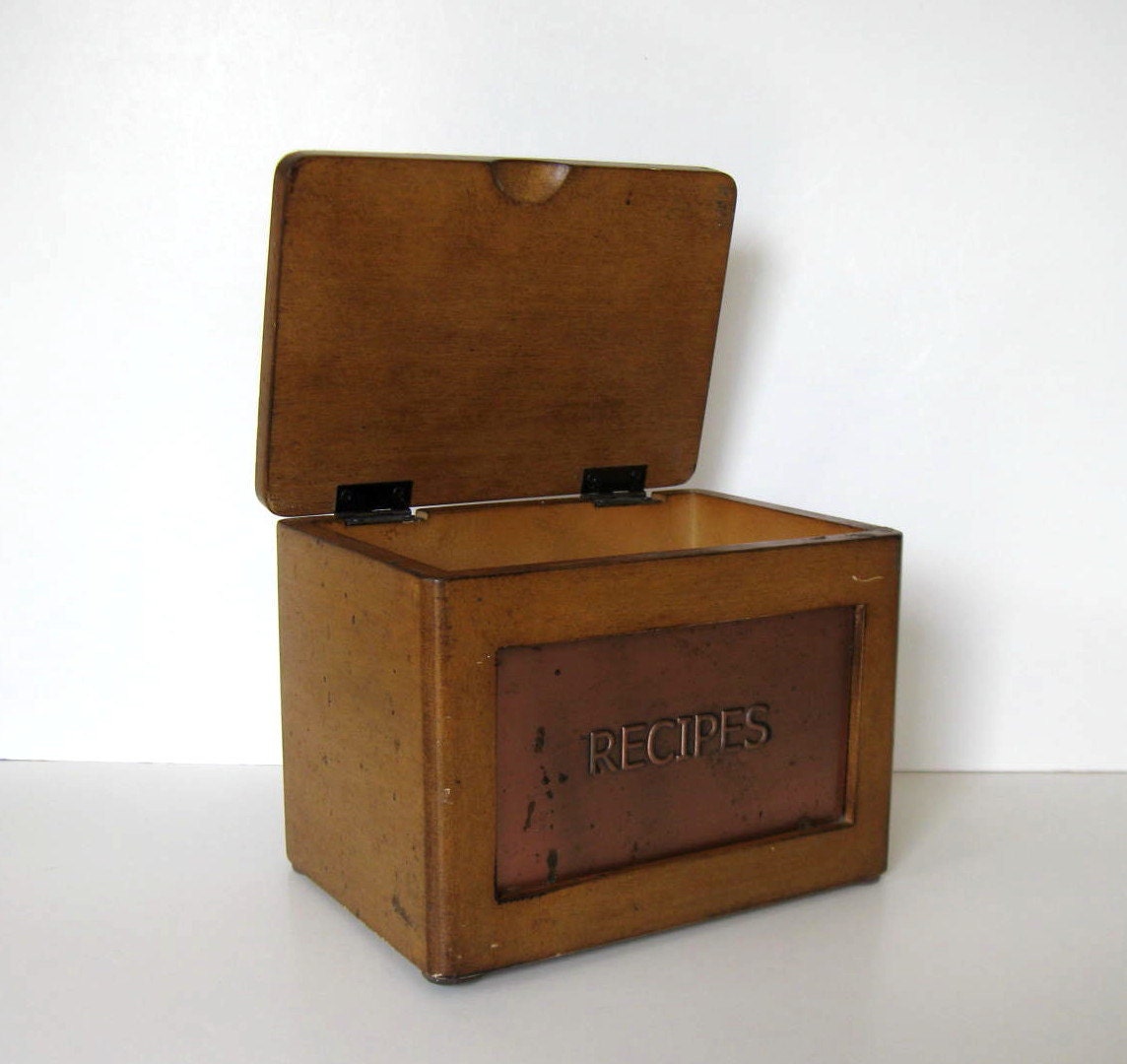 Vintage hinged wood recipe box, Copper Front, Kitchen Storage, gift ...