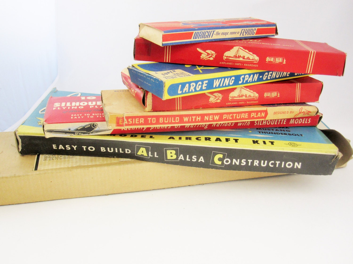 Eight Vintage Model Airplane Kit Boxes Balsa Plane Kit Boxes