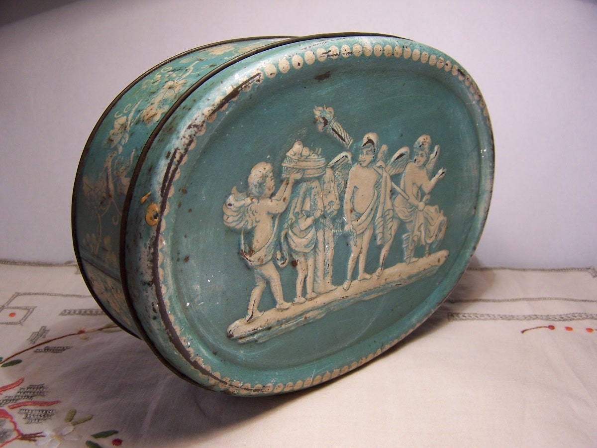 vintage 1950’s blue metal tin. classical design, english tin box ...
