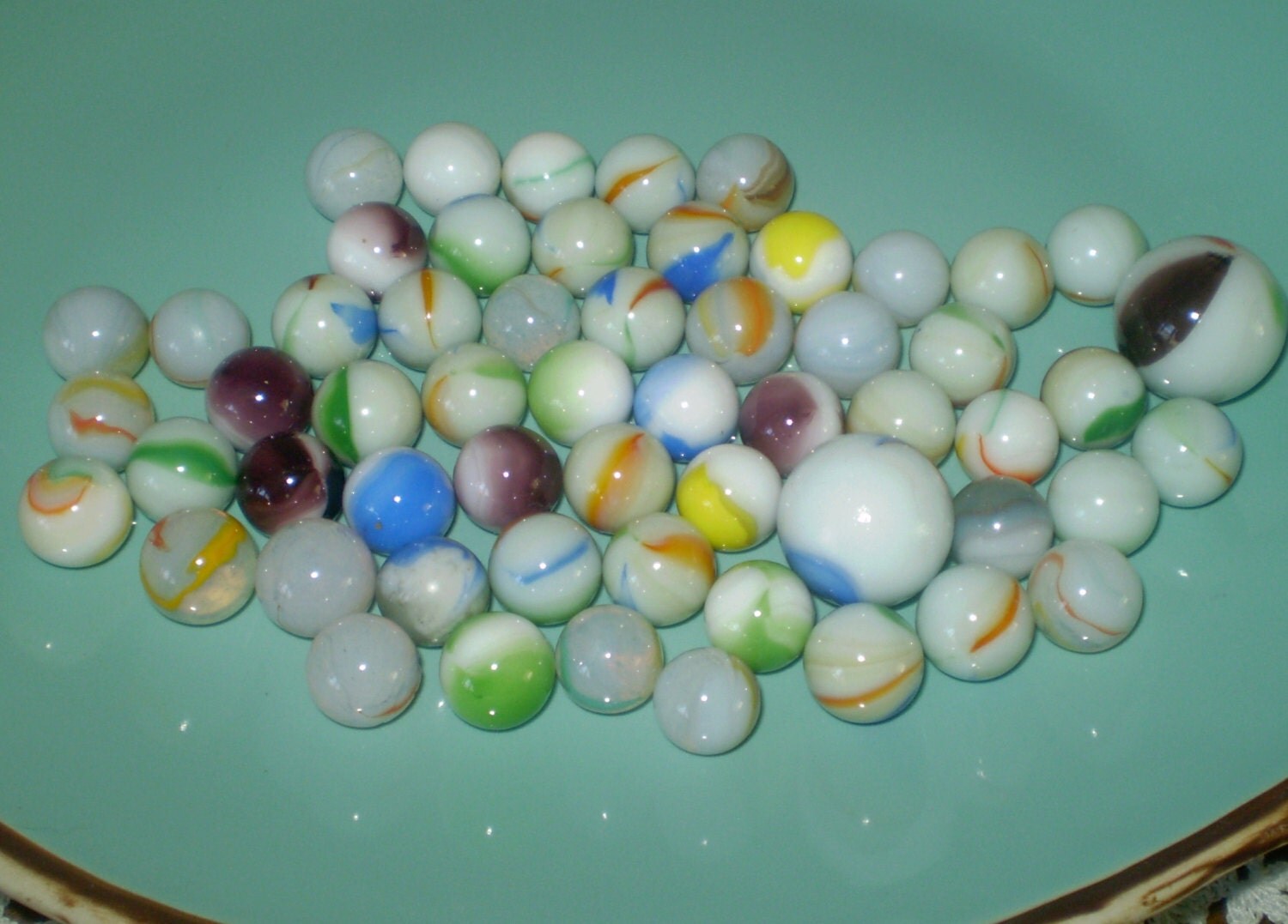 Vintage lot of marbles 55 white and swirl color marbles