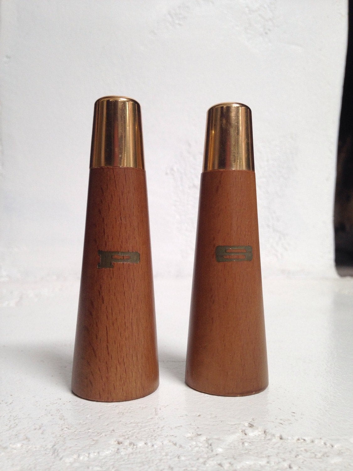 Cute Wooden Peg Leg Mid Century Danish Modern Cone Shaped Salt and ...
