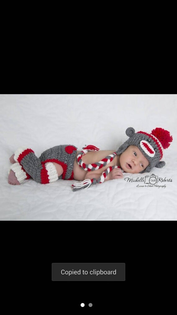 Sock monkey photo prop set hat diaper cover leg warmers