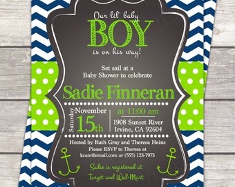 Navy Blue Lime Green Chevron Invitation