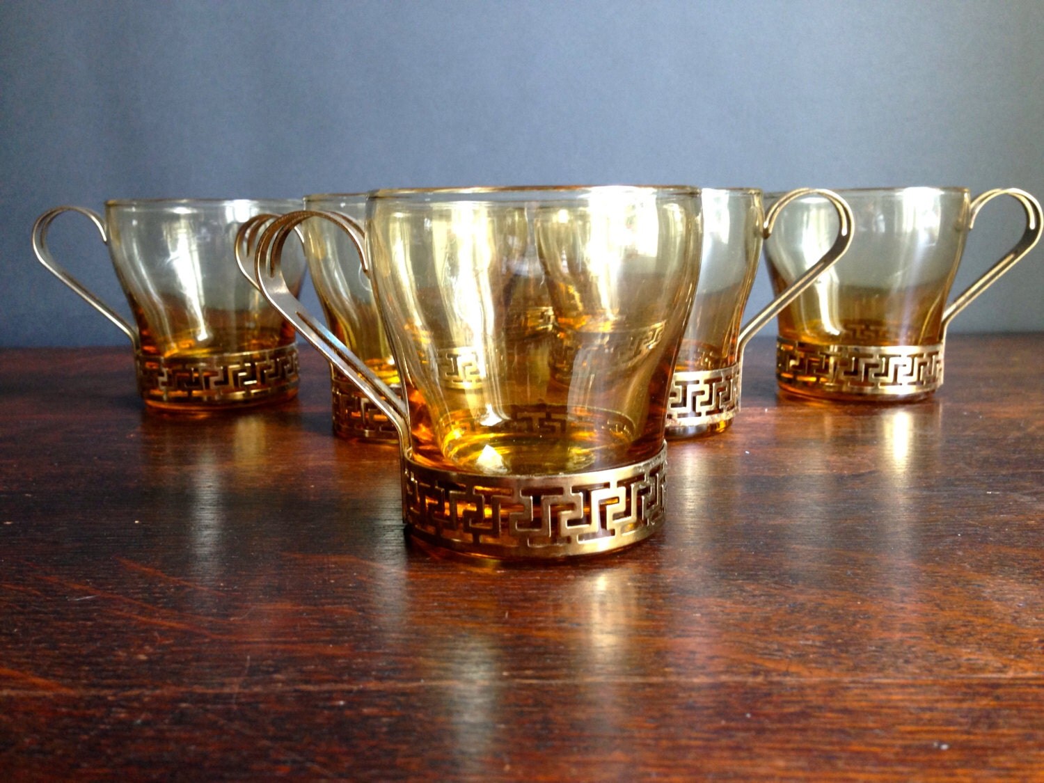 Vintage Libbey Glass Greek Key Amber Glasses Set of 6