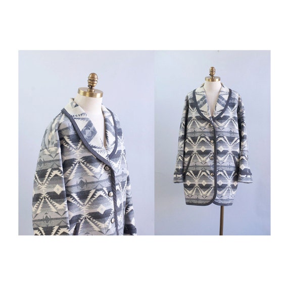 Gray Navajo Pendleton Blanket Coat with Suede Trim Late 1970s