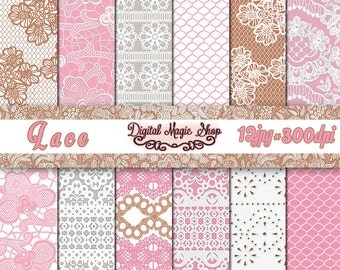 Lace digital paper: LACE PINK GRAY Romantic