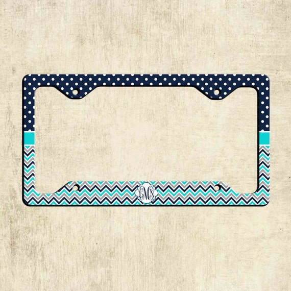 Monogram License Plate Frame Navy Polka Dot Chevron