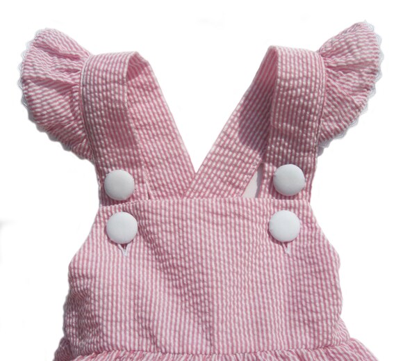 Items similar to Girl’s Pink Seersucker Striped Ruffle Bottom Bubble on ...
