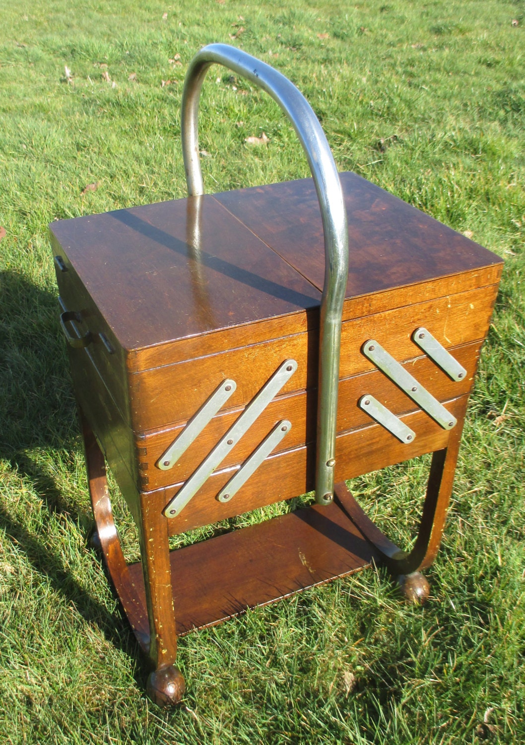 Large Art Deco Torck Wooden Sewing Box Basket Stand Signed Torck ...