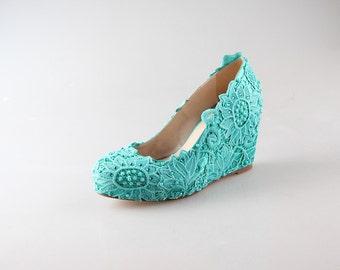 2015 cyan lace wedge, handmade lace bridal shoes, cyan lace wedding ...