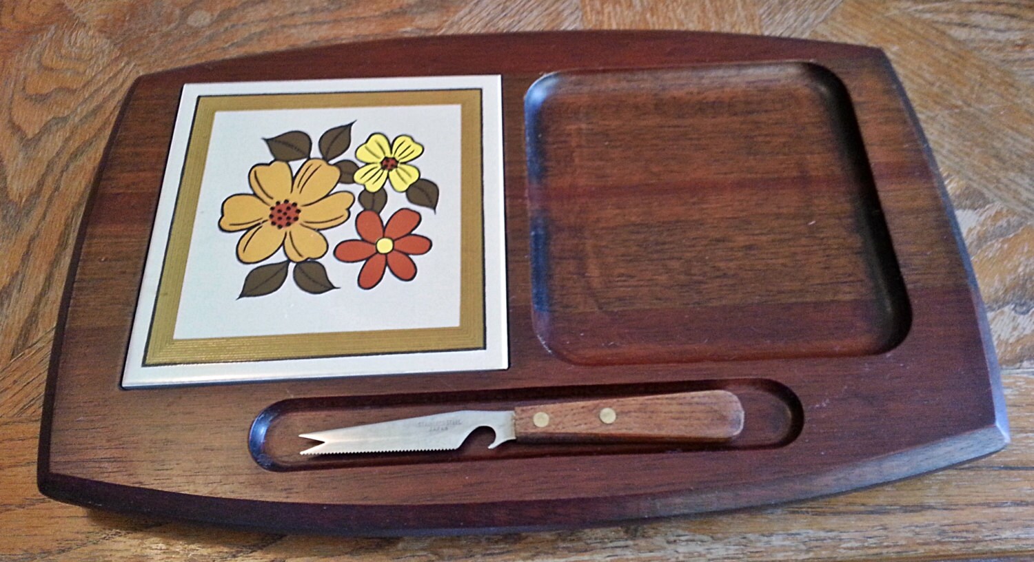 Mid-Century Modern Wood and Flower Ceramic Cheese Serving Board Tray ...