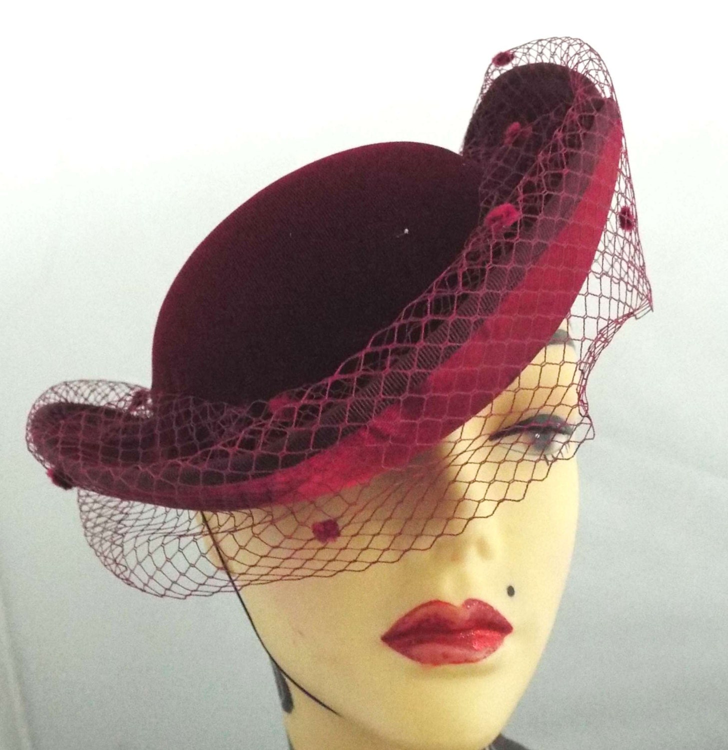Vintage Ladies Hat 1950’s Burgundy wine velvet Burlesque Style Hat with ...