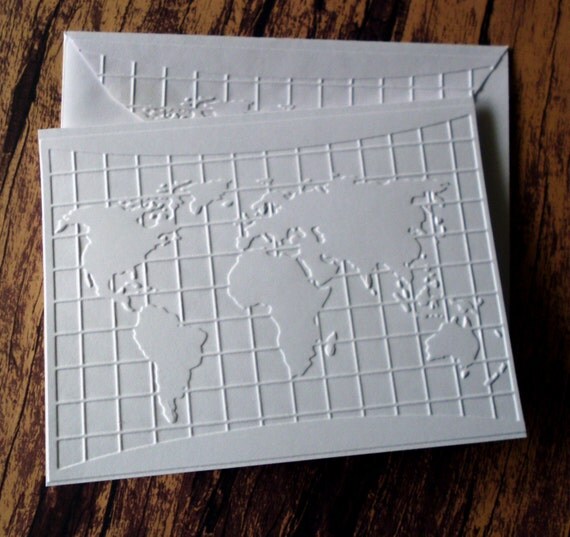 5 World Map Cards White Embossed Globe Atlas Map by WriteCards