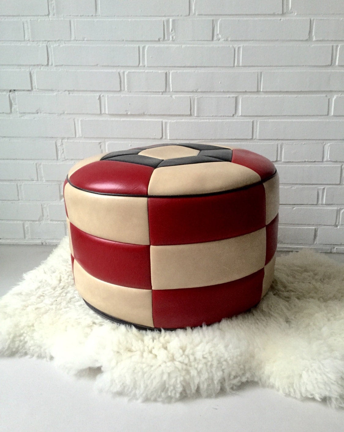 Vintage pouf stool cushions, leather, 60ziger – 70 years – Haute Juice