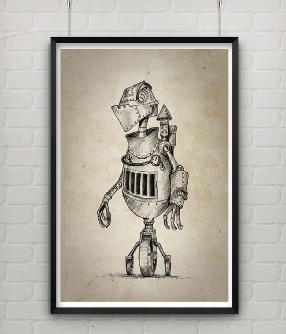 Vintage Steampunk Robot Pencil Draw Over Canvas by AllThePosters