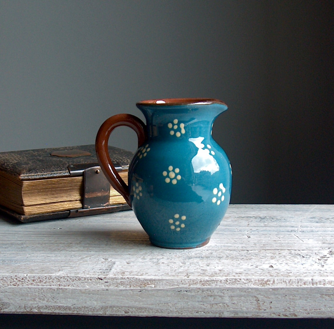 Vintage blue jug in red clay. English rustic creamer. Devon Ware cream ...