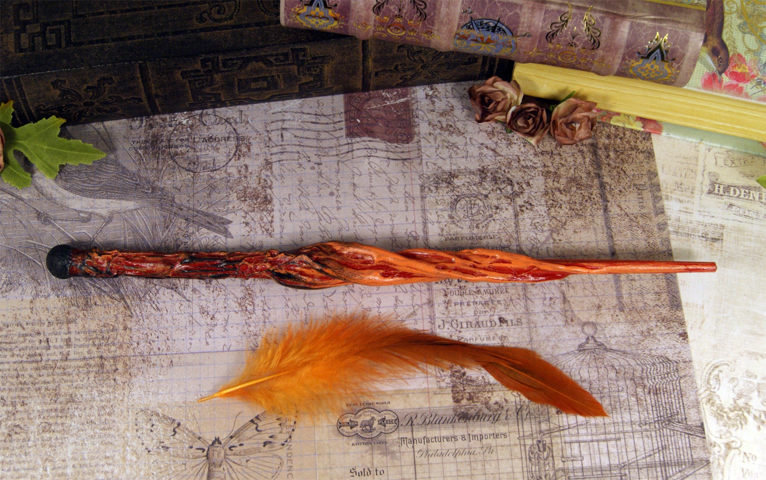 Magic wand PHOENIX wand with orange feather wizard wand