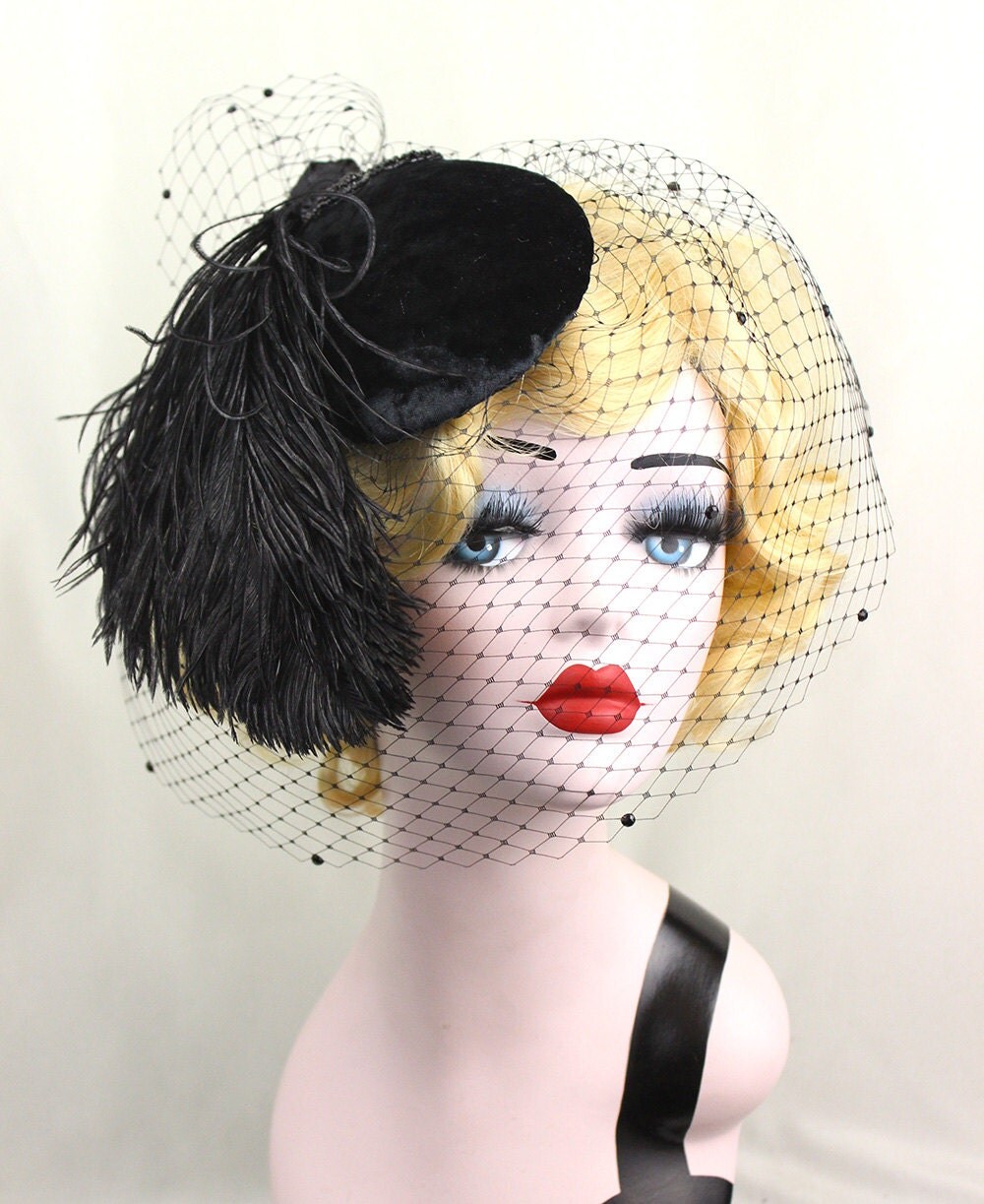 Black Birdcage Veil Black Veil Black Hat Feather