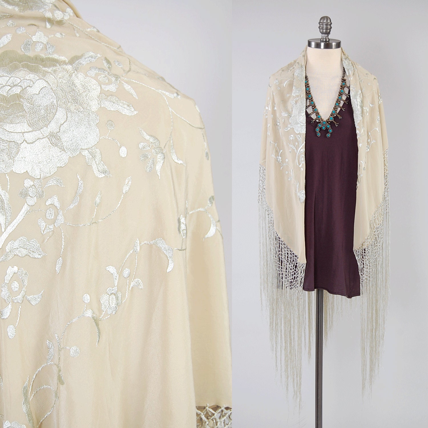 Vintage embroidered silk PIANO SHAWL / 20 inch knotted fringe ...