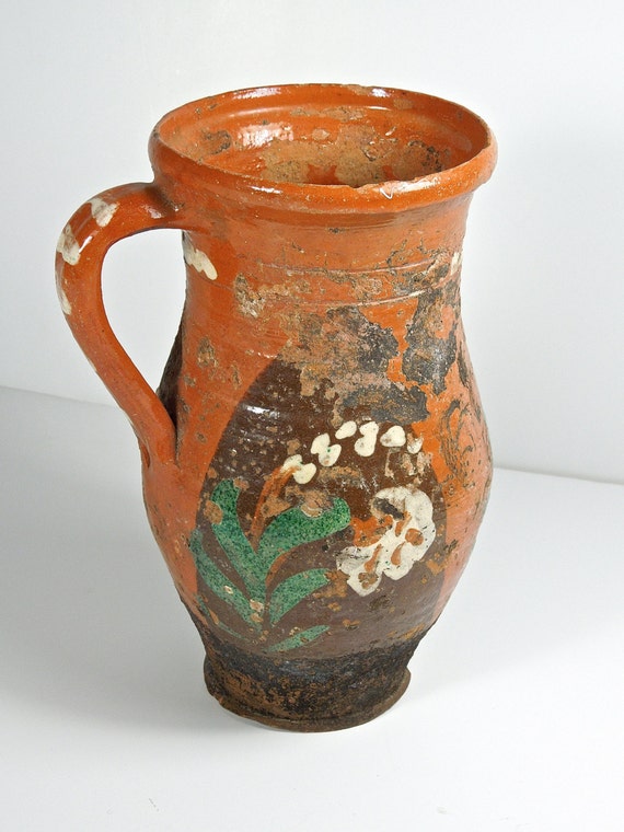 Early Redware Pottery Pitcher with Slip Glaze by CityGirlAntiques