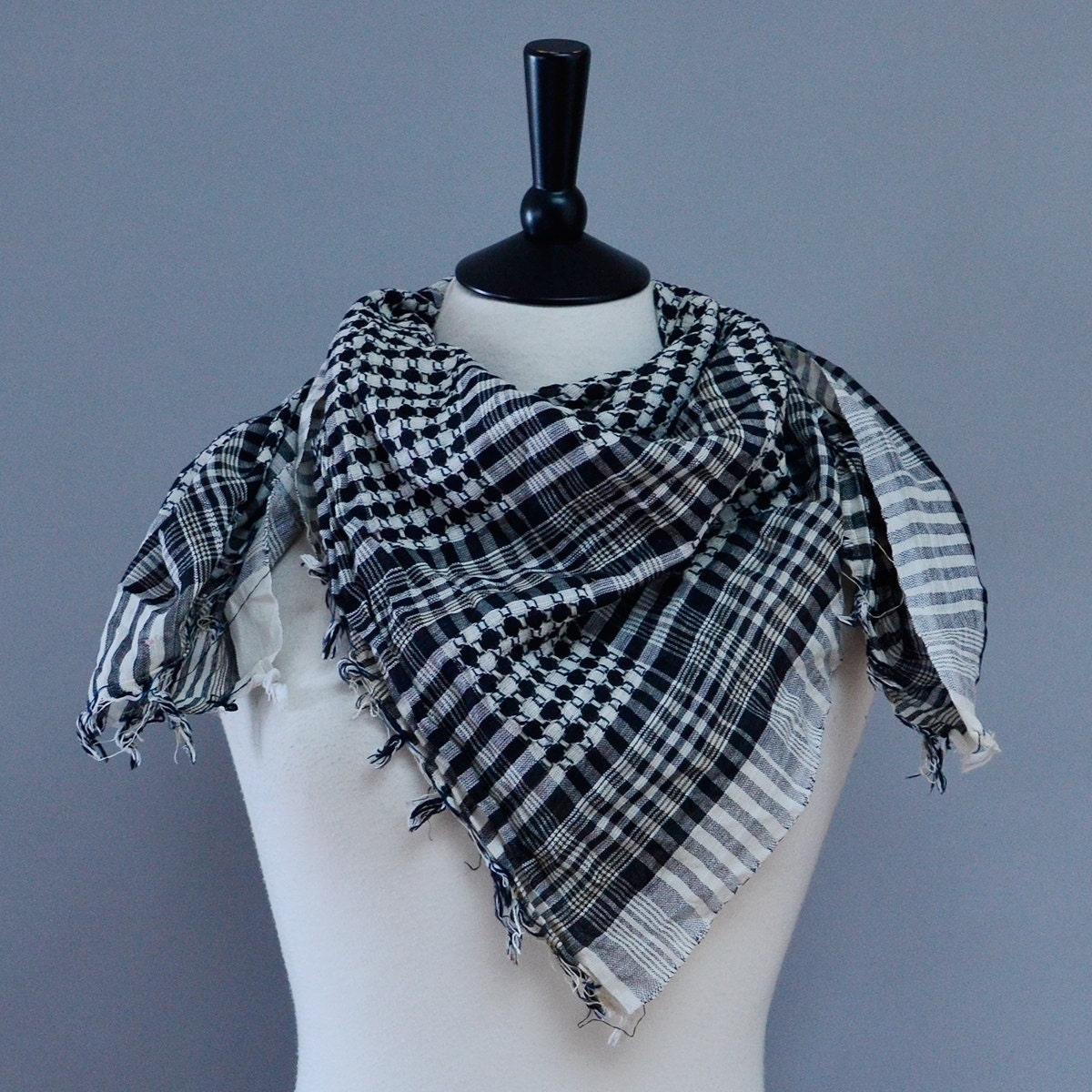 Vintage Large Square Black White Tassled Shemagh Keffiyeh Arab Worn ...