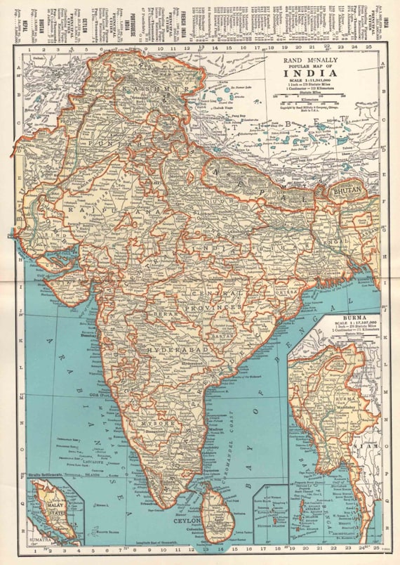 Vintage India Map South Asia 1935 Map Rand by SkippiDiddlePaper