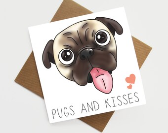 Pugs and kisses card, Pug, greetings card, valentines, gift, card, love ...