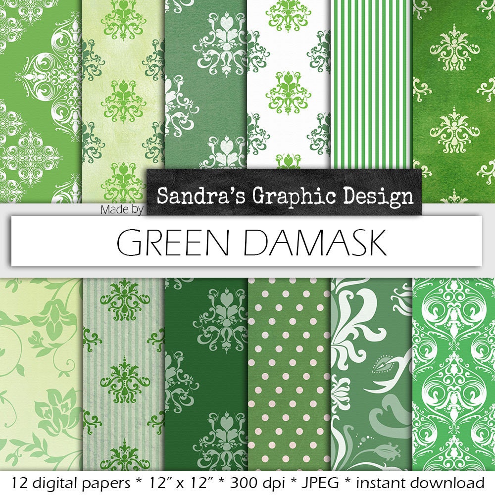 Digital paper: “GREEN DAMASK” with various damask pattern background ...