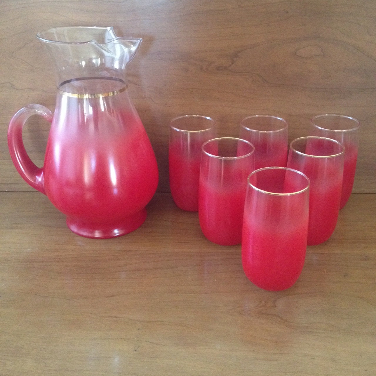 Vintage Retro Red West Virginia Glass Blendo Pitcher and Glasses ...