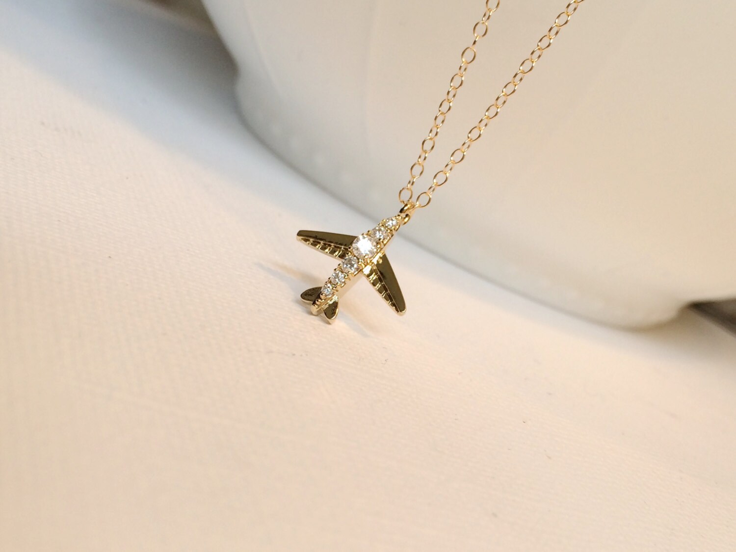 Gold Airplane Necklace Tiny Gold CZ Airplane by Designbydd on Etsy