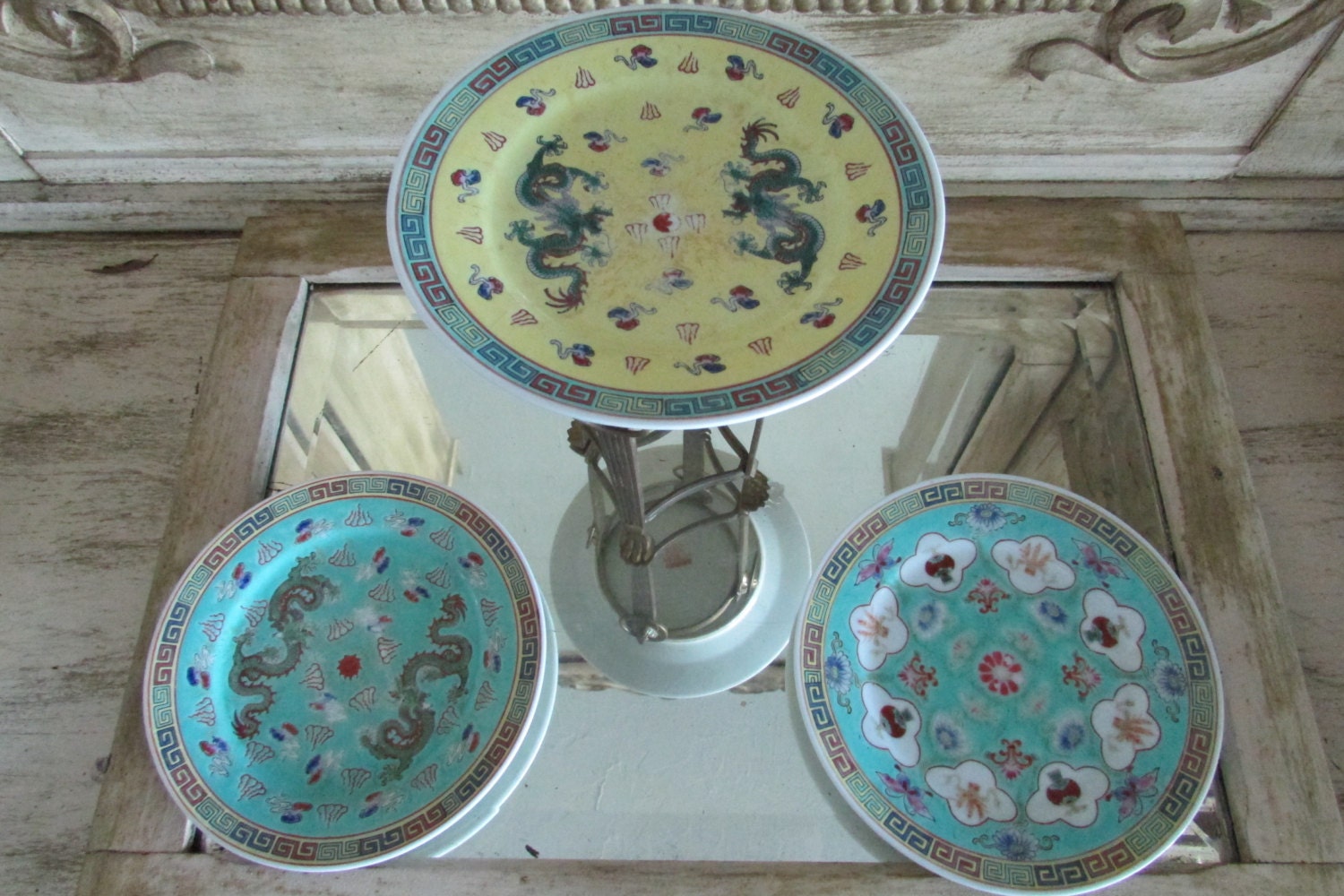 Trio of mid-century Chinese Enamel Dragon Plates butterflies, flowers ...