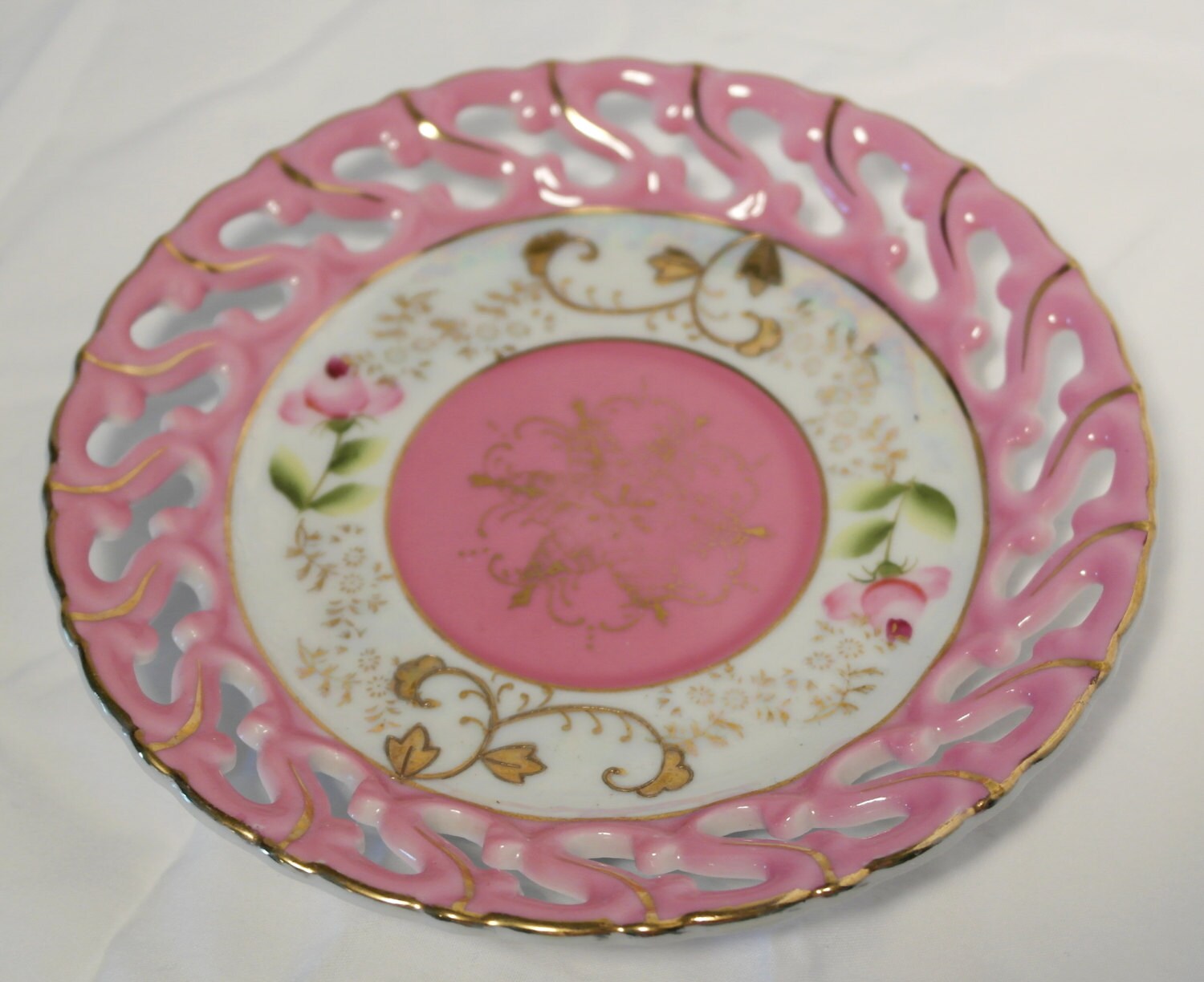 Porcelain Plate Hand Painted Pink Roses Antique by SmallTownRetro