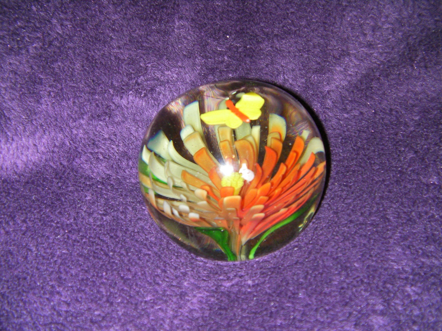 Vintage Large Round Glass Paperweight. Butterfly Flower. Vintage Large Round Glass Paperweight. Butterfly Flower.