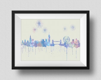 London Skyline Rainbow Watercolor Map Art Print by MilkNSugarArt