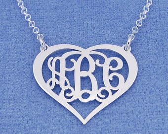 Small Sterling Silver 3 Initials Monogram Necklace 3/4 inch