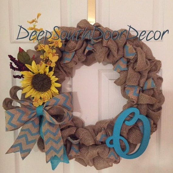 Items similar to Monogrammed Teal Chevron Burlap Floral Door Wall ...
