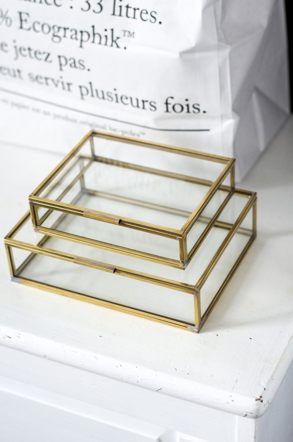 Set of 2 glass boxes decorative handmade for workspace