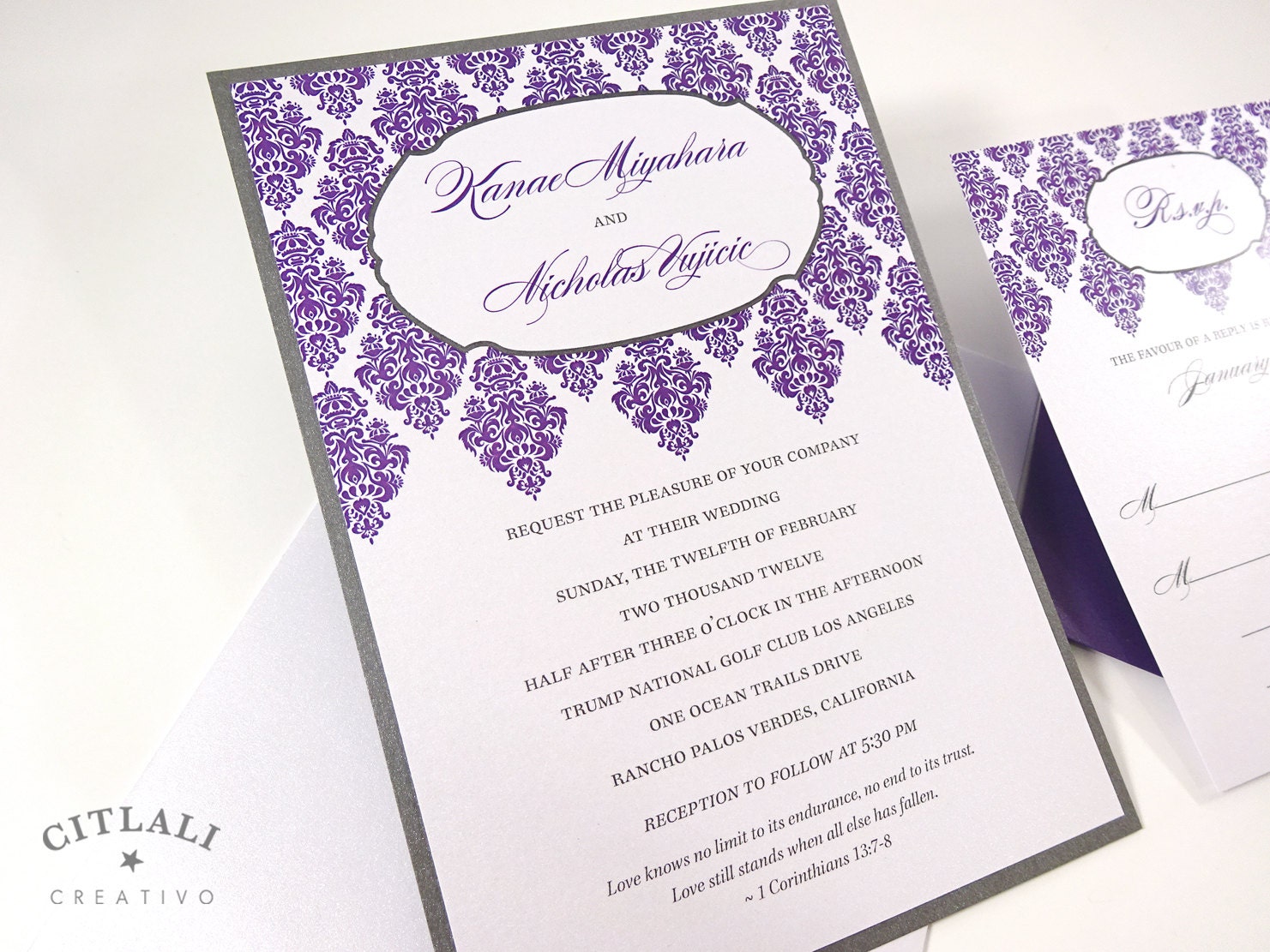 Elegant Damask Wedding Invitations – Purple Violet and Charcoal Gray in ...
