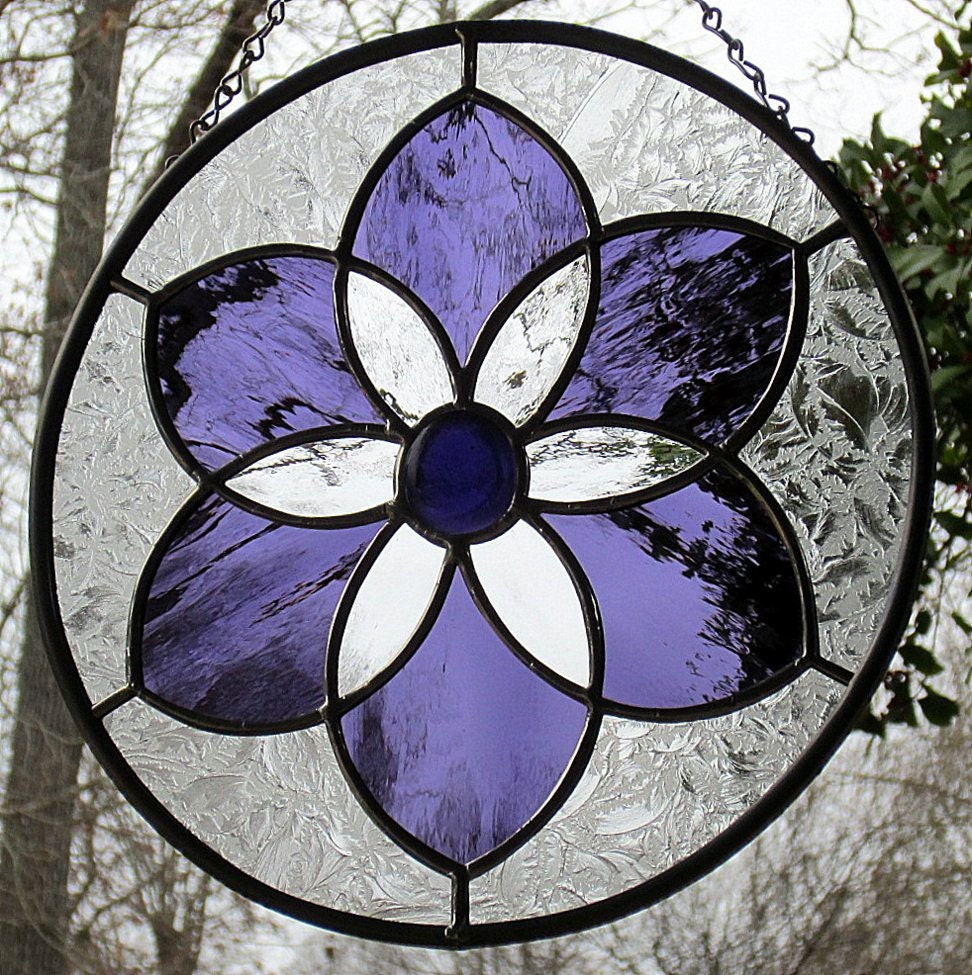 Violet Purple and Clear Round Stained Glass Mandala Suncatcher