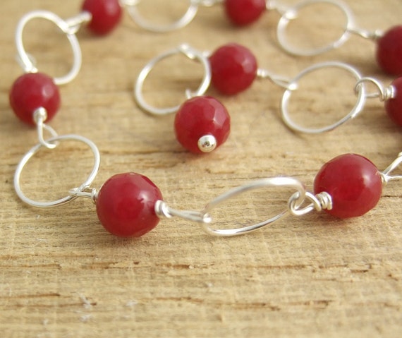 Bracelet with Faceted Ruby Jade Beads and Sterling Silver