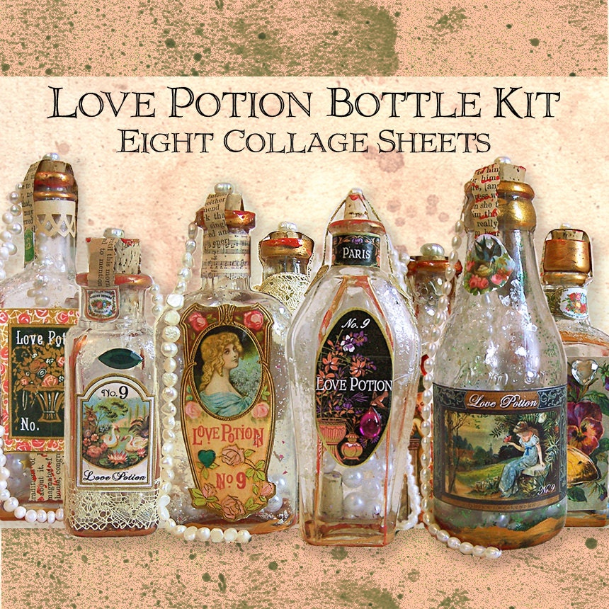 Love Potion Bottle Kit 8 Digital Collage Sheets Valentine