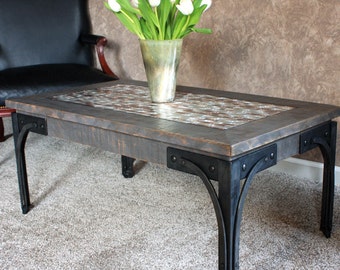 Square Coffee Table Glass / Stone Tile Mosaic Reclaimed