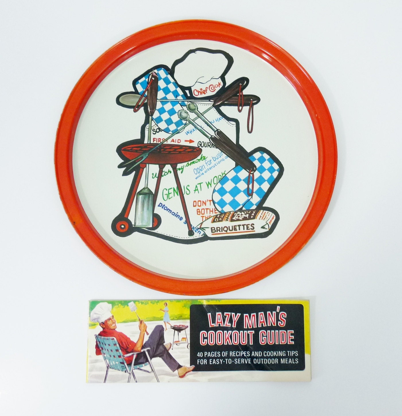 Vintage BBQ Cookout Grill Round Metal Serving Tray & Lazy Man’s Cookout ...