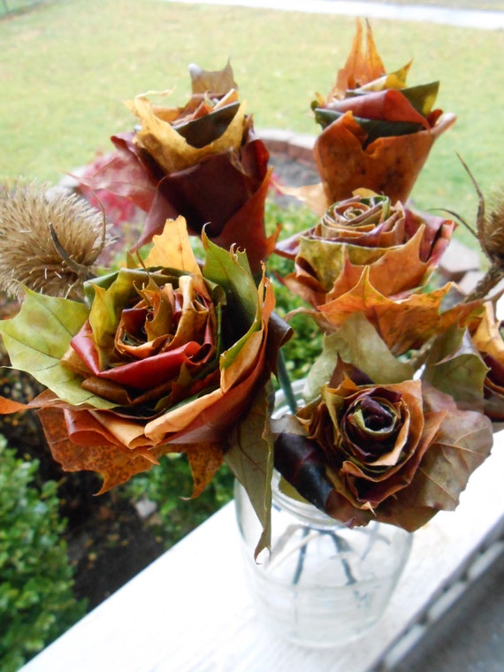 6 FALL Maple Leaf Roses With Teasel. REAL LEAVES by TreeTownPaper
