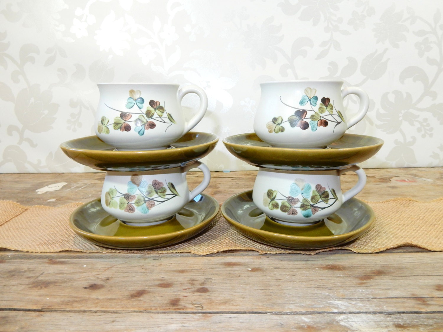Green Teacups and Saucers, Denby Shamrock pattern, 1980-81, 4 leaf ...