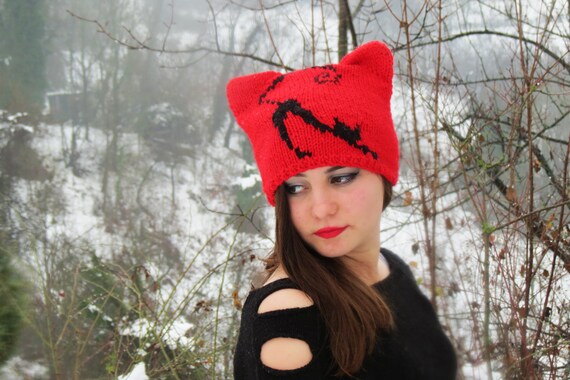 Knit Cat Ear Hat Red Cat Ear Beanie Cat Hats by EmofoFashion