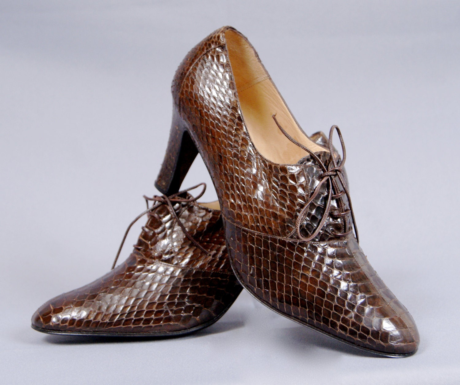 Exotic Leather 1970s Real Snakeskin Lace Up Heels Shoes Booties Unworn ...